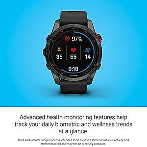 Garmin fenix 7S Solar, Smaller sized adventure smartwatch, with Solar Charging Capabilities, Rugged outdoor watch with GPS, touchscreen, health and wellness features, slate gray with black band