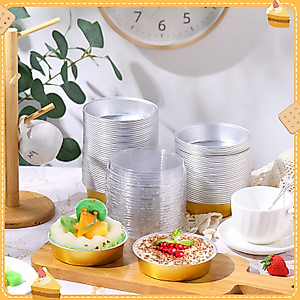 120 Pcs Disposable Ramekins with Lids, 8 oz Mini Pie Tins Mini Pie Pans 4 Inch Creme Brulee Ramekins Mini Cake Pans Aluminum Foil Pie Container Tin Tart Pans for Party Oven Baking(Gold)