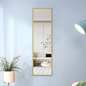 Full Length Mirror Wall Mirror Door Mirror Full Body Mirror Explosion-Proof Wall Mounted Hanging Mirror for Dorm with Aluminium alloy Metal Frame for Room Decor, 48"x 14" (Gold+Aluminium alloy)