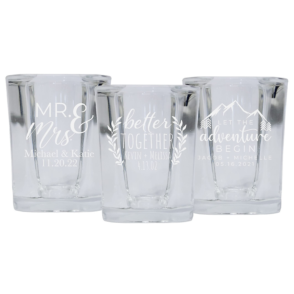 R and R Imports Personalized Wedding Gift Customizable Etched 2 oz Square Shot Glass, Anniversary, Wedding Favors for Guests in Bulk