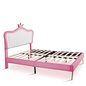 Harper & Bright Designs Full Size Princess Bed with Crown Headboard and LED Lights, PU Upholstered Full Platform Bed with Adjustable Headboard, Kids Full Size Bed Frame for Boys Girls (White+Pink)
