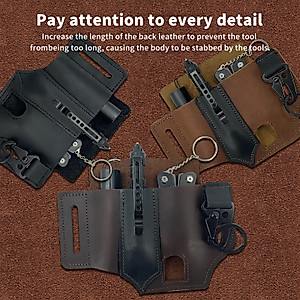 Multitool Sheath for Belt, Leather EDC Belt Organizer, EDC Pocket Organizer for Men, with Pen Holder, Key Fob, Flashlight Sheath (Light Brown)