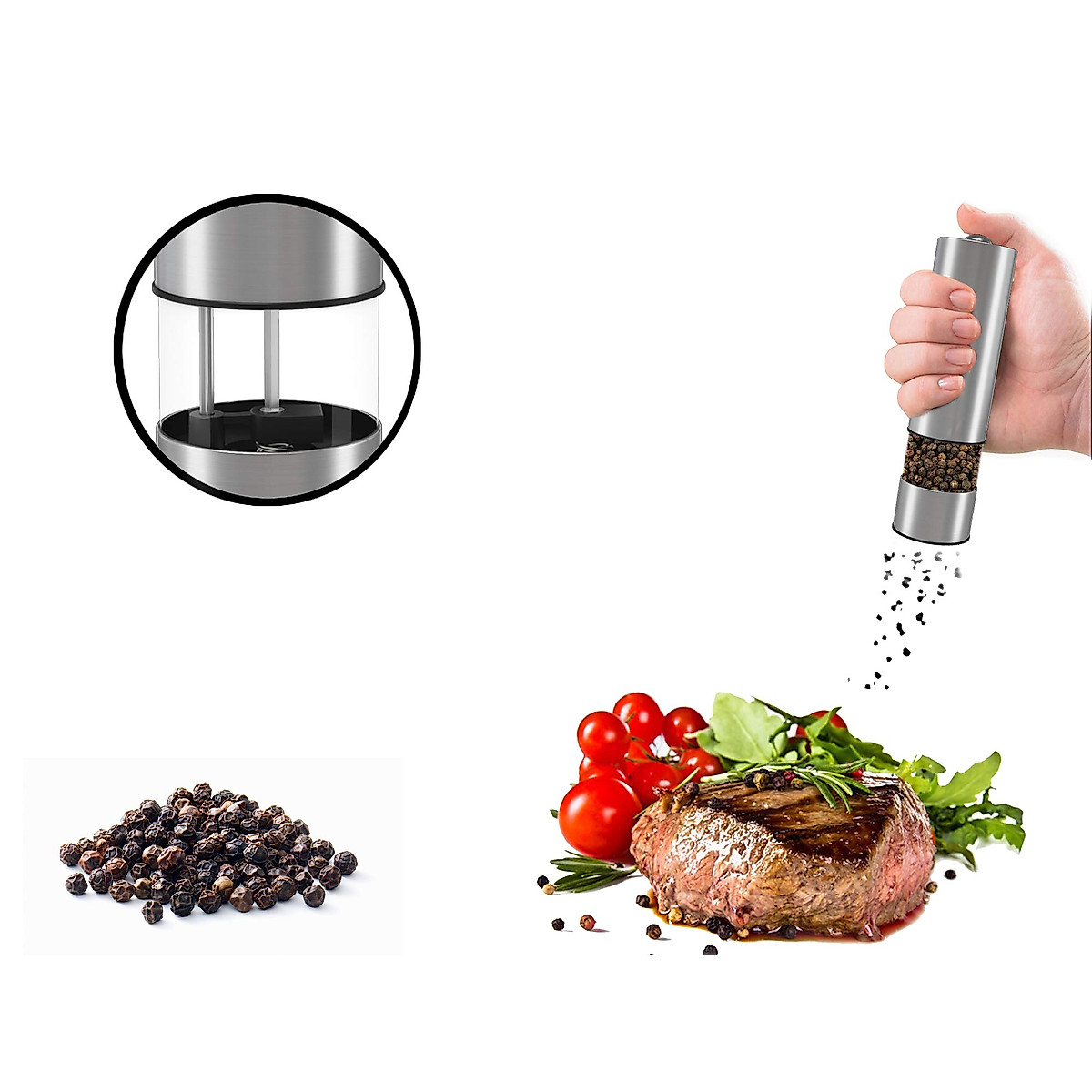 Electric Pepper Grinder or Salt Grinder – Battery Operated Automatic Spice Grinder - Pepper Mill with Light and Adjustable Ceramic Grinder by Velvastar