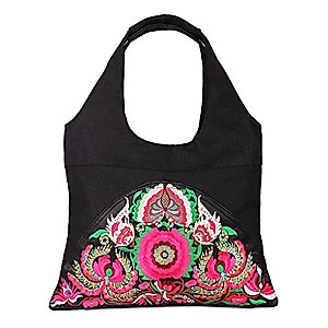 Embroidered Canvas Shoulder Bag Vintage Boho Ethnic Handbag Totes Travel Beach Bag (Black 2)