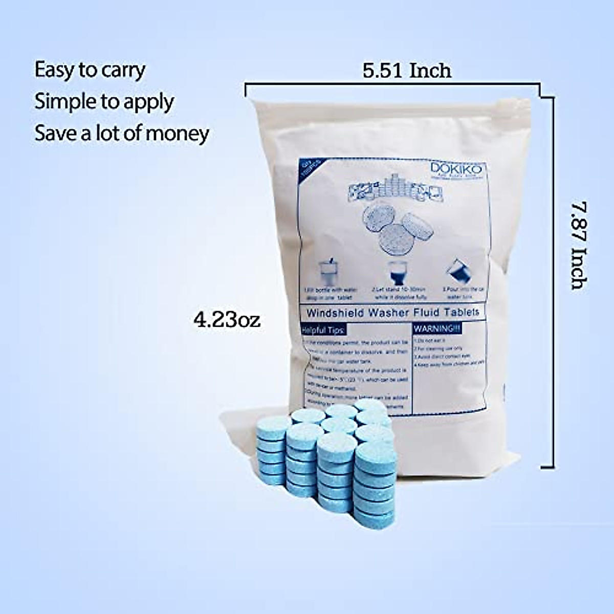 DOKIKO 50 Pcs Car Windshield Washer Fluid concentrate Tablets,Windshield Wiper Fluid,1 Pack Makes 52.5 Gallons,1 Piece Makes 1.05 Gallons(Winter: Use With De-icer or Methanol)