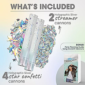 Confetti Cannon - 6 Pack Holographic Silver Party Poppers Confetti Shooters | 2x Streamer Poppers and 4x Star Confetti Poppers Bulk | Confetti Bomb Party Poppers for Celebrations | Confetti Gun for Birthday, Graduation, New Years Eve, Wedding, Photo Shoot