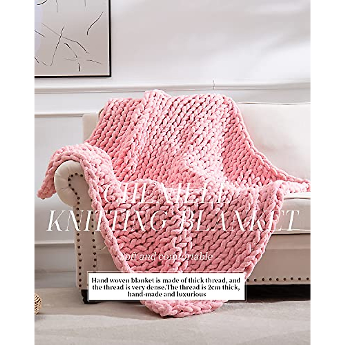SPAOMY Chunky Knit Blanket Chenille Handmade Throw Blanket Cozy Warm Blanket for Bed Couch Home Decor(60x60 in,Pink)