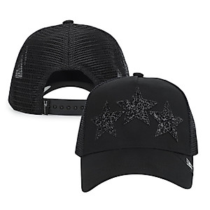 VINTAGE HAVANA Black 3 Star Trucker Hat Glitter Stars Adjustable Snapback One Size Fits Most Womens Baseball Caps