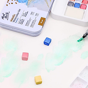 Mont Marte Premium Metallic Watercolor Cake Set, 21 Piece, 18 Colors, 1 Water Brush, 1 Sponge, 4 Mixing Wells