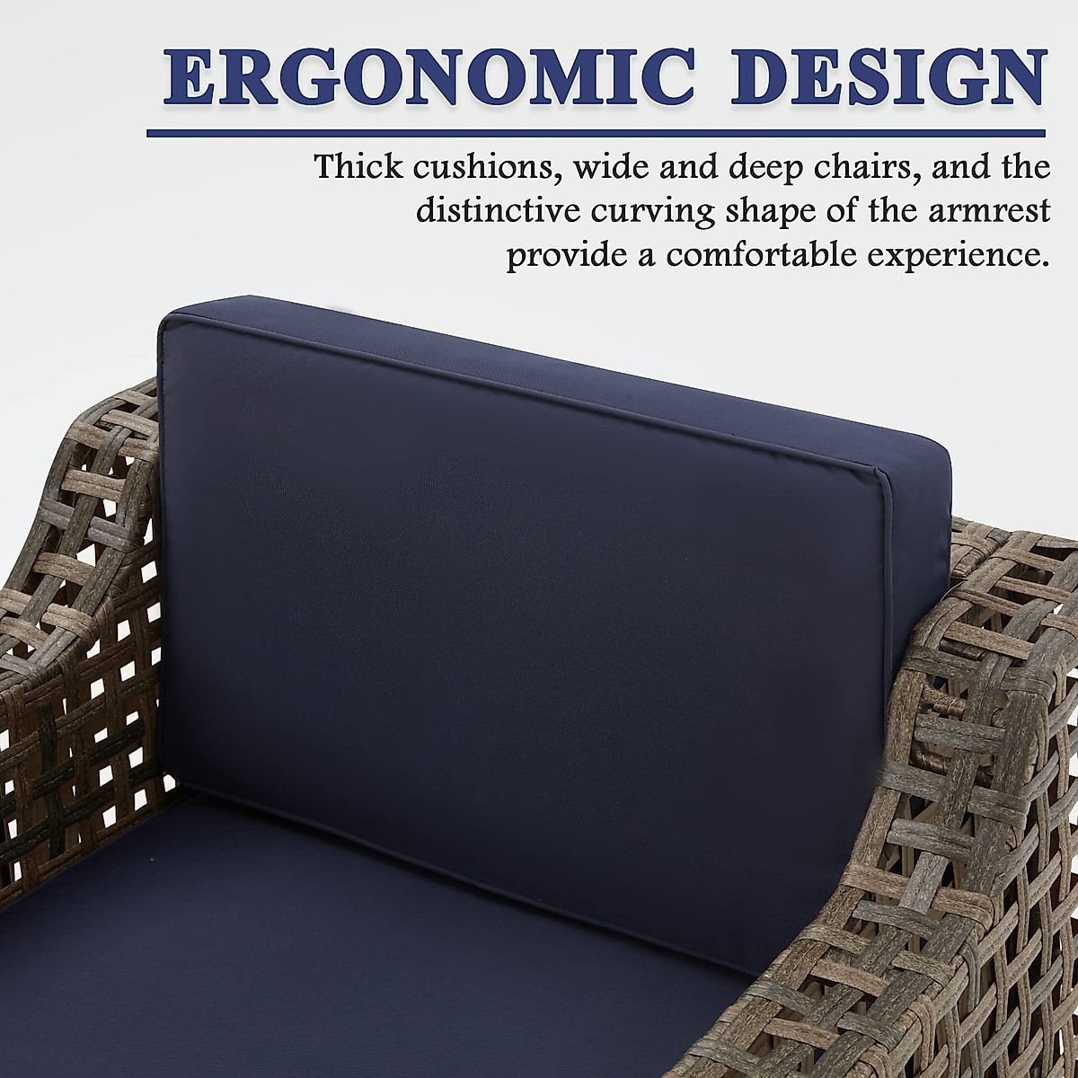 EROMMY 4 Pieces Patio Furniture Set Sofa Couch with Cushions and HDPE Table Top, Handwoven PE Wicker Rattan Patio Furniture Set for Patio, Garden, Yard, Pool, Brown and Blue