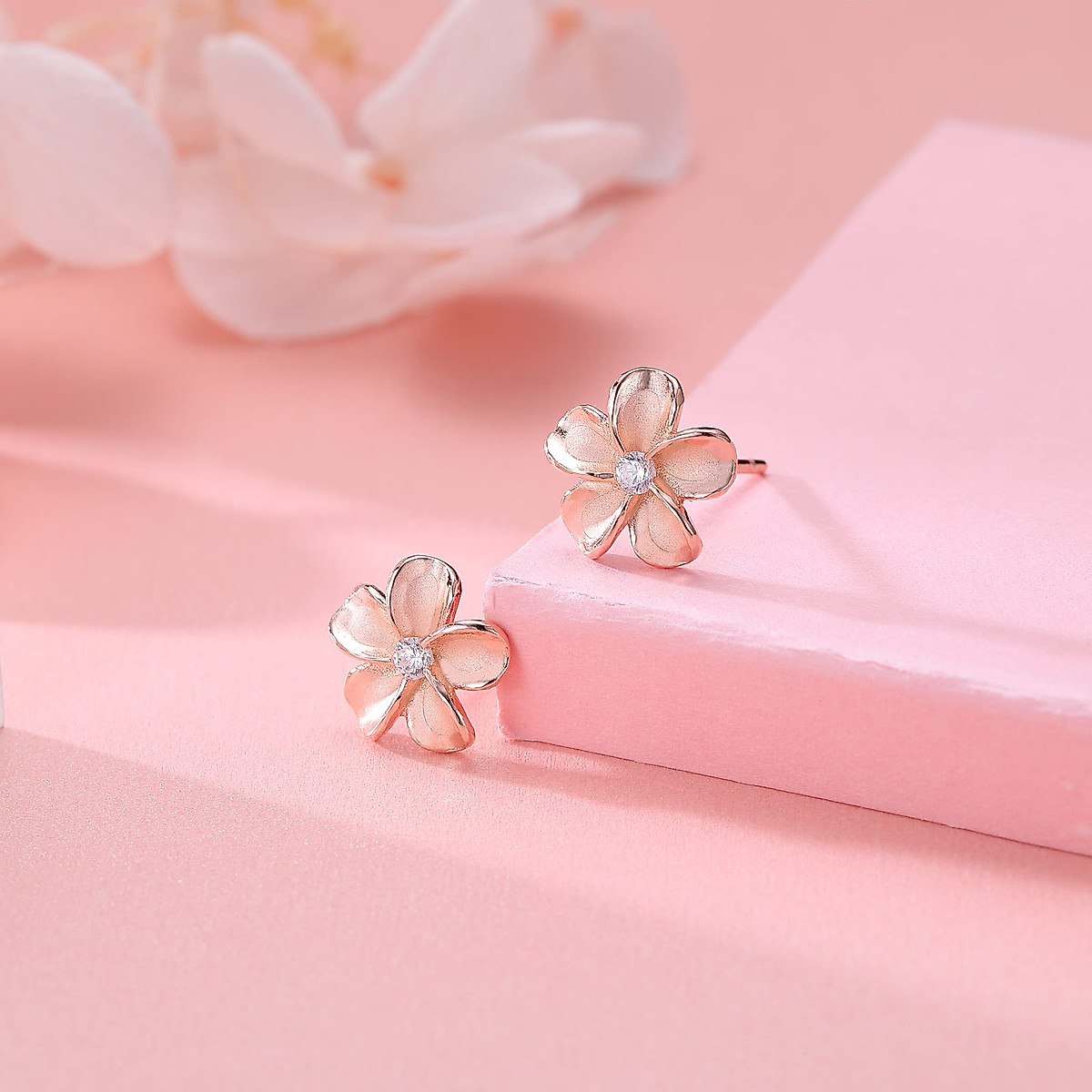 Reffeer Solid 925 Sterling Silver Plumeria Flower Stud Earrings for Women Teen Girls Crystal Flower Stud Earrings (C-Rose Gold)