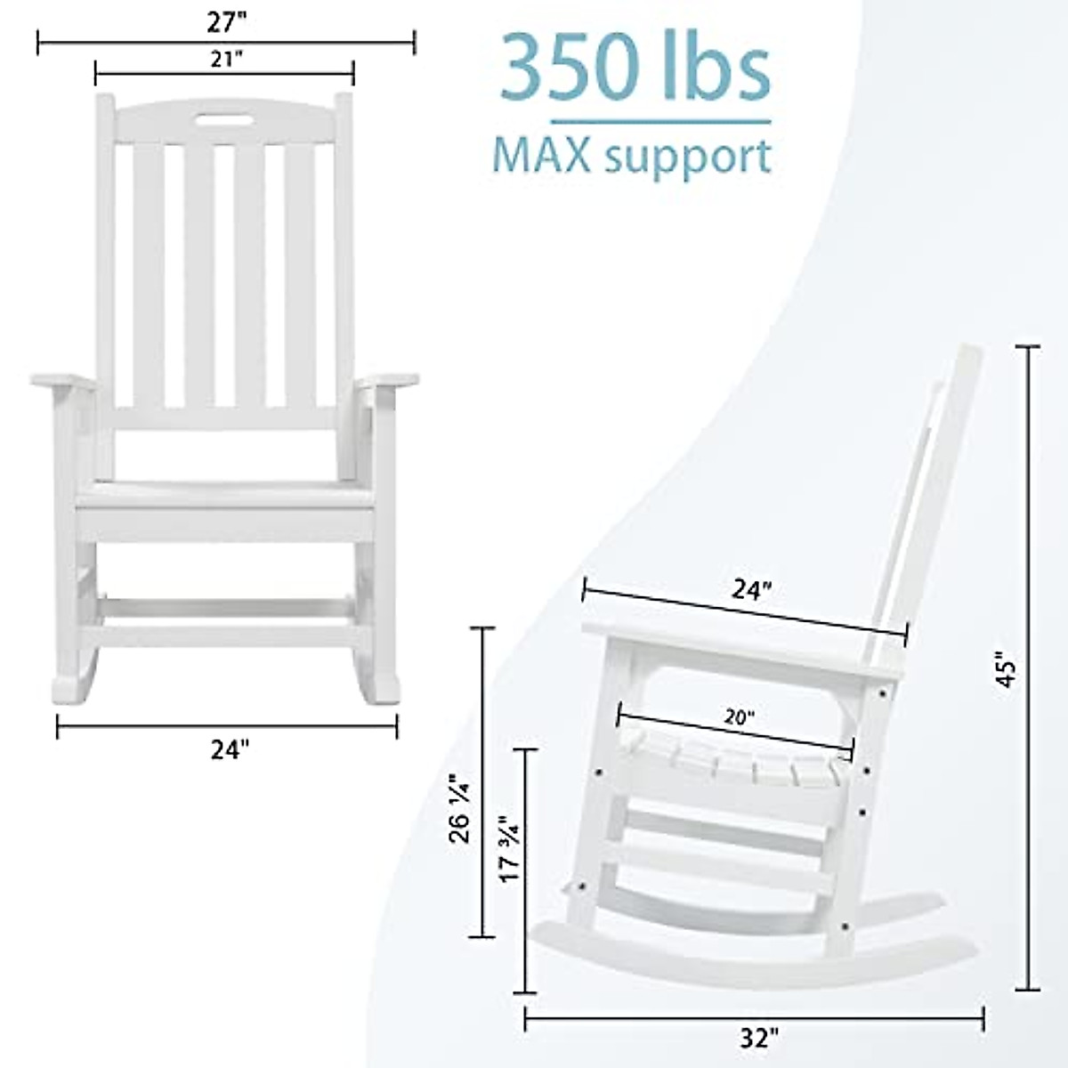 Psilvam Patio Rocking Chair, Poly Lumber Porch Rocker with High Back, 350Lbs Support Rocking Chairs for Both Outdoor and Indoor, Poly Rocker Chair Looks Like Real Wood (White)