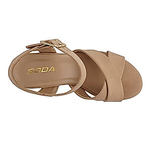 Soda “SYREN” ~ Women Open Round Toe Crisscross Band Ankle Strap Buckle High Heel Notch Wedge Sandal (Dark Nude Nubuck, us_footwear_size_system, adult, women, numeric, medium, numeric_7_point_5)
