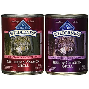 Blue Buffalo Wilderness High Protein Beef and Chicken & Salmon and Chicken Wet Dog Food Variety Pack for Adult Dogs, Grain-Free, 12.5 oz. Cans (6 Pack)