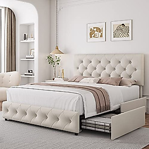 Queen Bed Frame with 4 Storage Drawers and Adjustable Headboard, Upholstered Platform Bed with Button Tufted Design, Strong Wooden Slats Support, No Box Spring Needed, Fabric, Cream