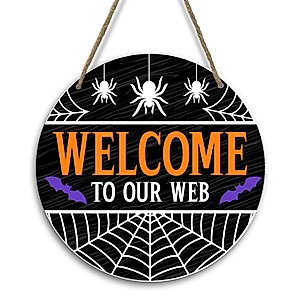 Halloween Hanging Door Wall Decor Wooden Plaque, Welcome To Our Web Sign, Spider Web Pattern, 8 Inch Round Halloween House Decor Hanging Sign, Outdoor Halloween Theme Party Decor Supplies -04