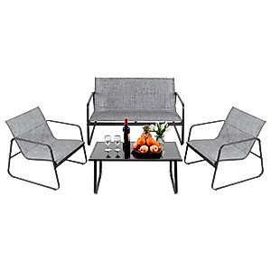 DUMOS 4 Pieces Patio Furniture Set Outdoor Patio Conversation Sets Poolside Lawn Chairs with Glass Coffee Table Porch Furniture for Courtyard, Garden and Balcony (Grey)