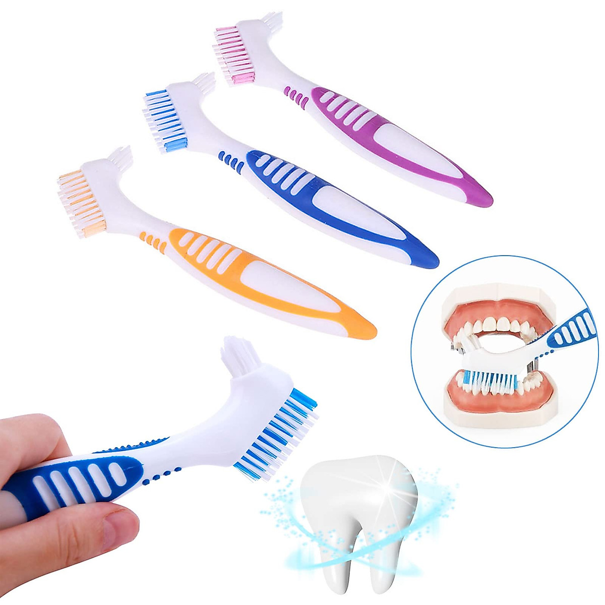 EvaGO 3 Pcs Denture Cleaning Brush with Multi-Layered Bristles and Ergonomic Rubber Handle Portable Denture Brush Double Sided Brush for False Teeth Cleaning (Blue, Purple, Orange)