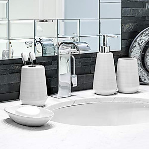 Willow&Ivory Bathroom Accessories Set | 4 Piece, Ceramic Bath Set | Toothbrush Holder, Soap Dispenser, Soap Dish & Tumbler | White Oak Collection