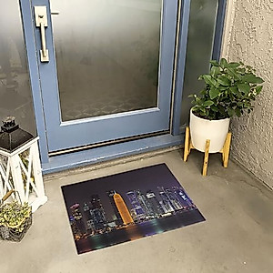 Ambesonne Urban Doormat, Qatar Middle East Town with Luminous Skyscraper at Night View, Decorative Polyester Floor Mat with Non-Skid Backing, 30" X 18", Charcoal Grey Purple Orange
