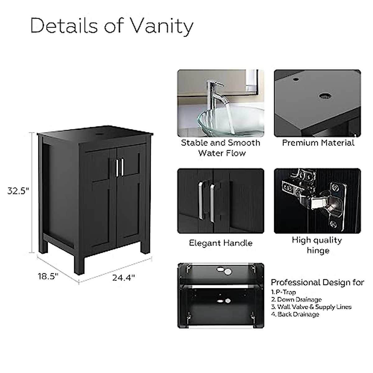 ARTETHYS 24 Inches Single Bathroom Vnaity Modern Pedestal Sink Bathroom Stand Cabinet Wood Black Bathroom Cabinet