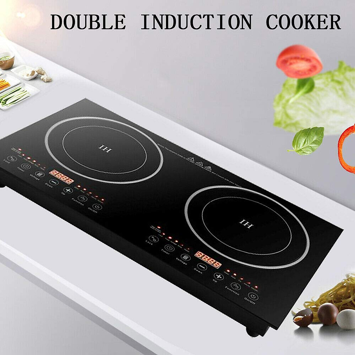 Dual Electric Induction Cooker, 110V 1200w Portable Digital Countertop Double Burner Cooktop Burner Sensor Touch Stove with 8 Gear Firepower, Double Induction Cooktop Cooker Fit for Iron Pot