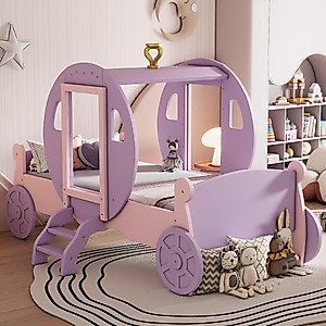 Twin Size Princess Carriage Bed Frame for Boys Girls Kids Toddler with Crown, Wood Platform Car Bed with Stair, Purple+Pink