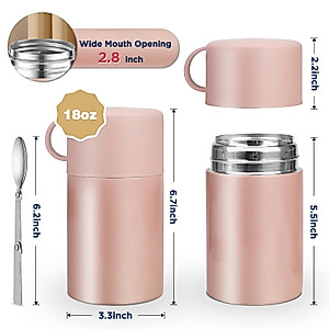 Baokai Insulated Food Jar 18 oz, Leak Proof Soup Thermos for Kids Adults, Stainless Steel Thermal Lunch Container for Hot Food with Folding Spoon for School Office Camping Picnic Travel - Pink