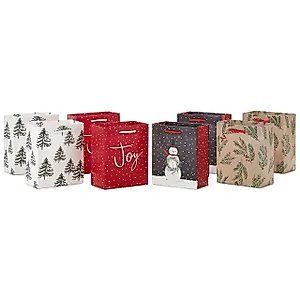 Hallmark 6" Small Holiday Gift Bags (8 Bags: Winter Foliage, Rustic Snowman, "Joy" on Red, Black and White Trees) for Gift Cards, Winter Wedding Party Favors, Teacher Presents