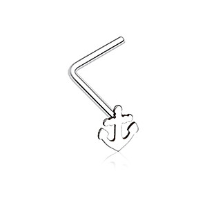 Dainty Anchor Icon L-Shaped 316L Surgical Steel Nose Stud Ring (Sold Individually) (20 GA, 9/32", Steel)