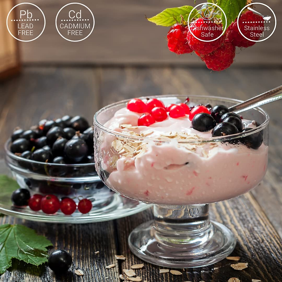 Glasia Set of 6 Glass Ice Cream Bowls and 6 Stainless Steel Spoons | Small Dessert Cups for Parfait Sundae Snacks Fruit | Mini Footed Trifle Tasters with Spoon