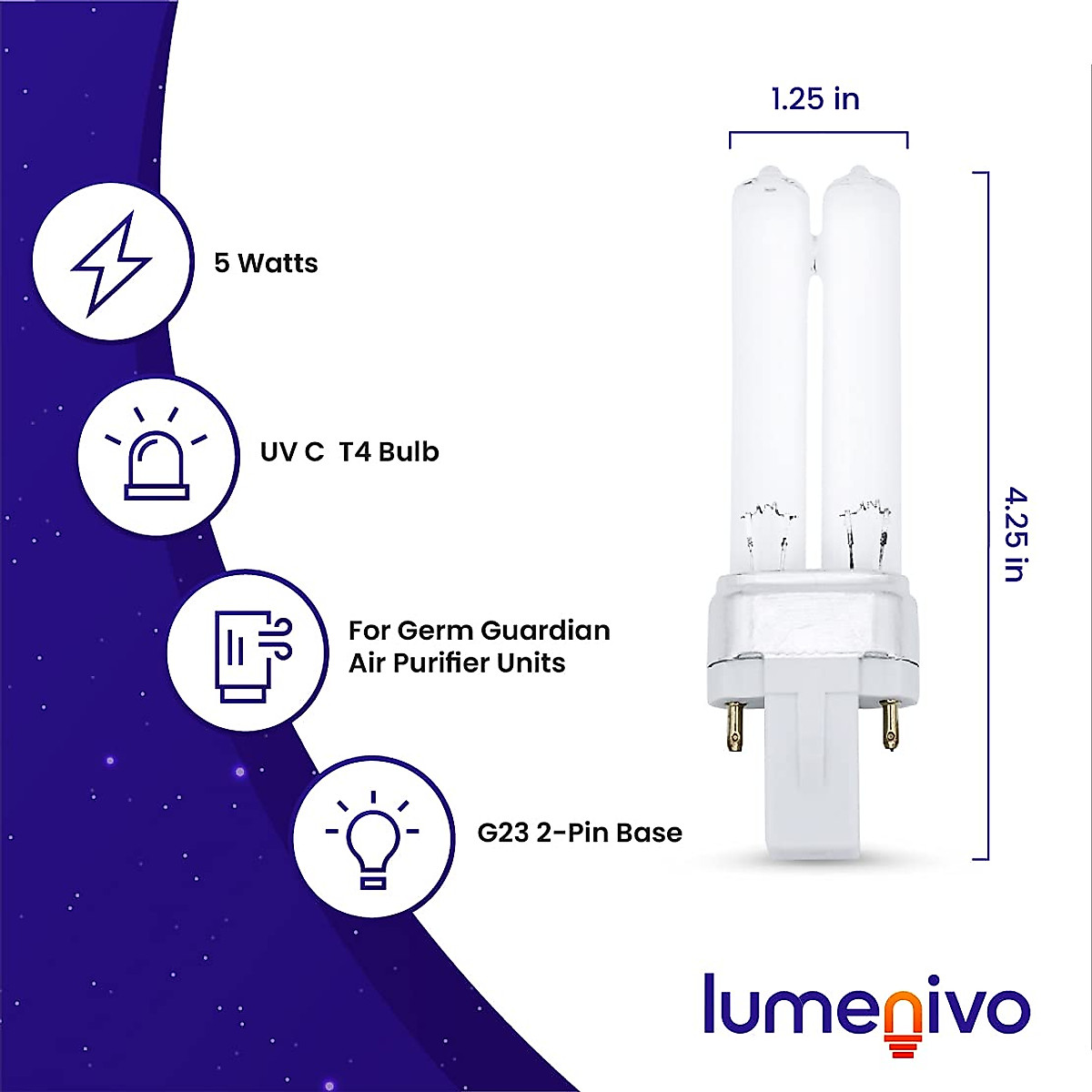 lumenivo LB4000 Replacement UV-C Bulb for Germ Guardian AC4300BPTCA, AC4825, AC4850PT & AC4900CA 5 Watt T4 Germicidal UVC Bulb Lamp Replacement with G23 2-Pin Base - 2 Pack