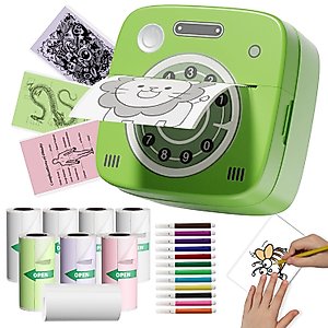 DOLEWA Mini Sticker Printer, Portable Pocket Note Printer with 8 Rolls Color Paper, Bluetooth Inkless Thermal Printer for iOS Android/Tablet, Journal/Photo/Study/Memo/List/Scrapbook (Vintage Phone)