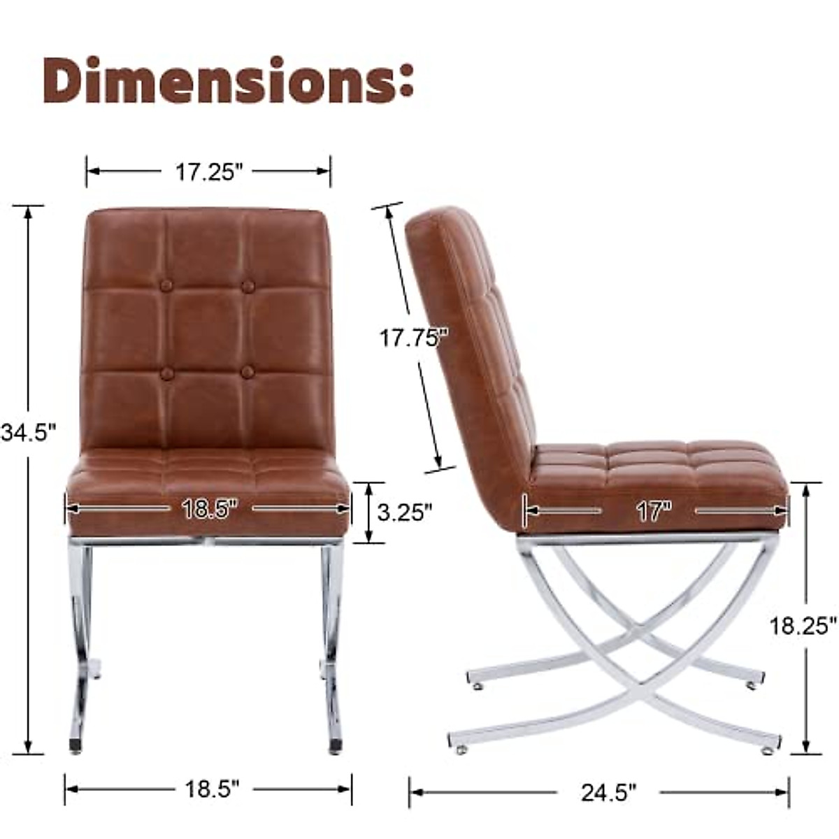 LukeAlon PU Leather Dining Chairs Set of 2, Upholstered Button Tufted Dining Room Chairs with Metal Legs Modern Armless Dinner Chairs Comfy Side Chairs for Kitchen, Brown