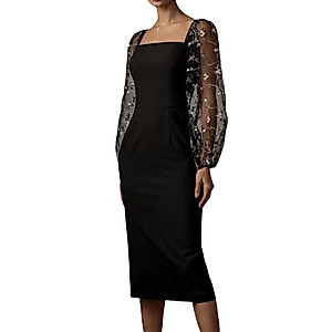 Beach Dresses for Women Women Square Neck Long Sleeve Dress Tulle Floral Embroidered Evening Dresses Wrap Hip Dress Black