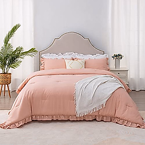 Litanika Full Size Comforter Sets, 3 Pieces Blush Pink Ruffle Girls Women Cute Bedding Comforters & Sets, Lightweight Fluffy Microfiber as Gift (79x90In Comforter & 2 Pillowcases)
