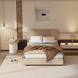 Queen Bed Frame, Lift Up Storage Bed Frame with Upholstered Headboard, Hydraulic Storage Double Bed, Wood Slats Support and Under Bed Storage, No Box Spring Needed Low Bed Frame (Queen, Beige)