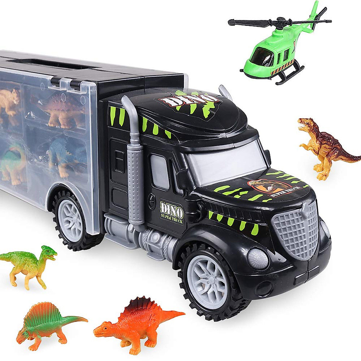 SUPREX 16 Inch Dinosaur Transport Truck Carrier Toy 14 Piece, 9 Educational Realistic Dinosaur Figures, 3 Matchbox Cars, 1 Helicopter, Dinosaur Toy for Boys, Gift for Kids Children Girls Ages 3+