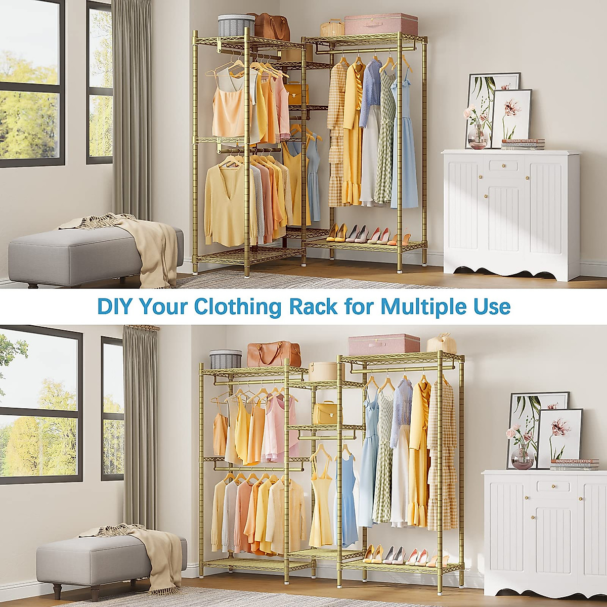 VIPEK L6 L Shaped Clothes Rack Heavy Duty Clothing Rack for Corner, 5-Tier Wire Garment Rack Metal Freestanding Closet with Adjustable Shelves, 46.5" L x 46.5" W x 76.4" H, Max Load 850LBS, Gold