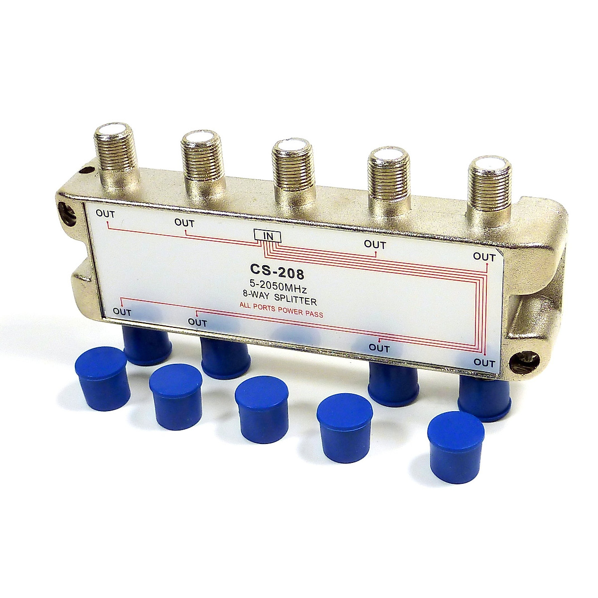 Philmore 2GHZ High "Q" 8-Way Low Loss Coaxial Satellite TV Signal Splitter With Weather Caps, Commercial Grade; CS208