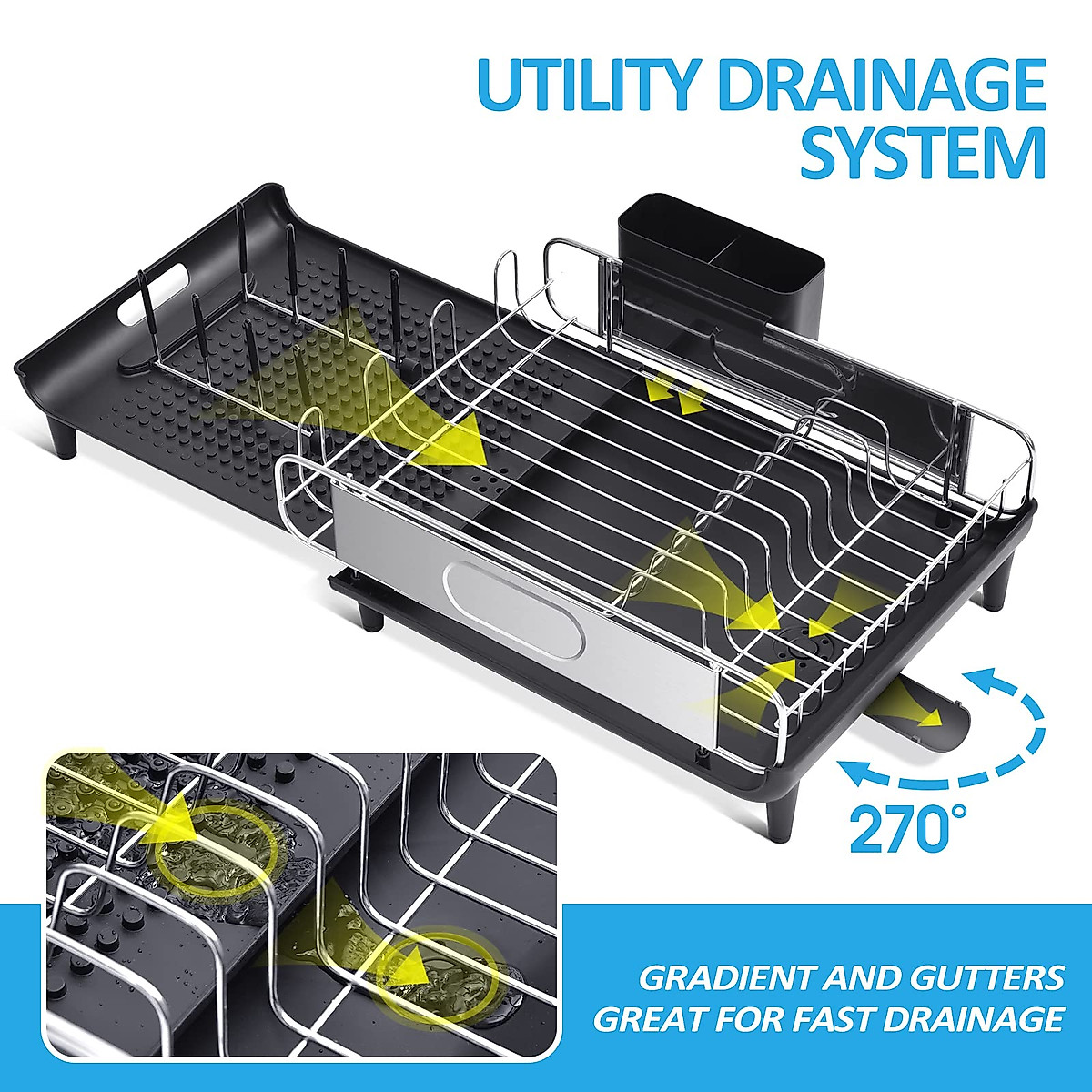TOOLF Dish Drying Rack, Stainless Steel Dish Rack, Expandable(14.5"-25.3") Dish Drainer Rack and Utility Drainboard Set with Foldable Rack, Utensil Holder Cups Holder for Countertop, 1 Piece Black