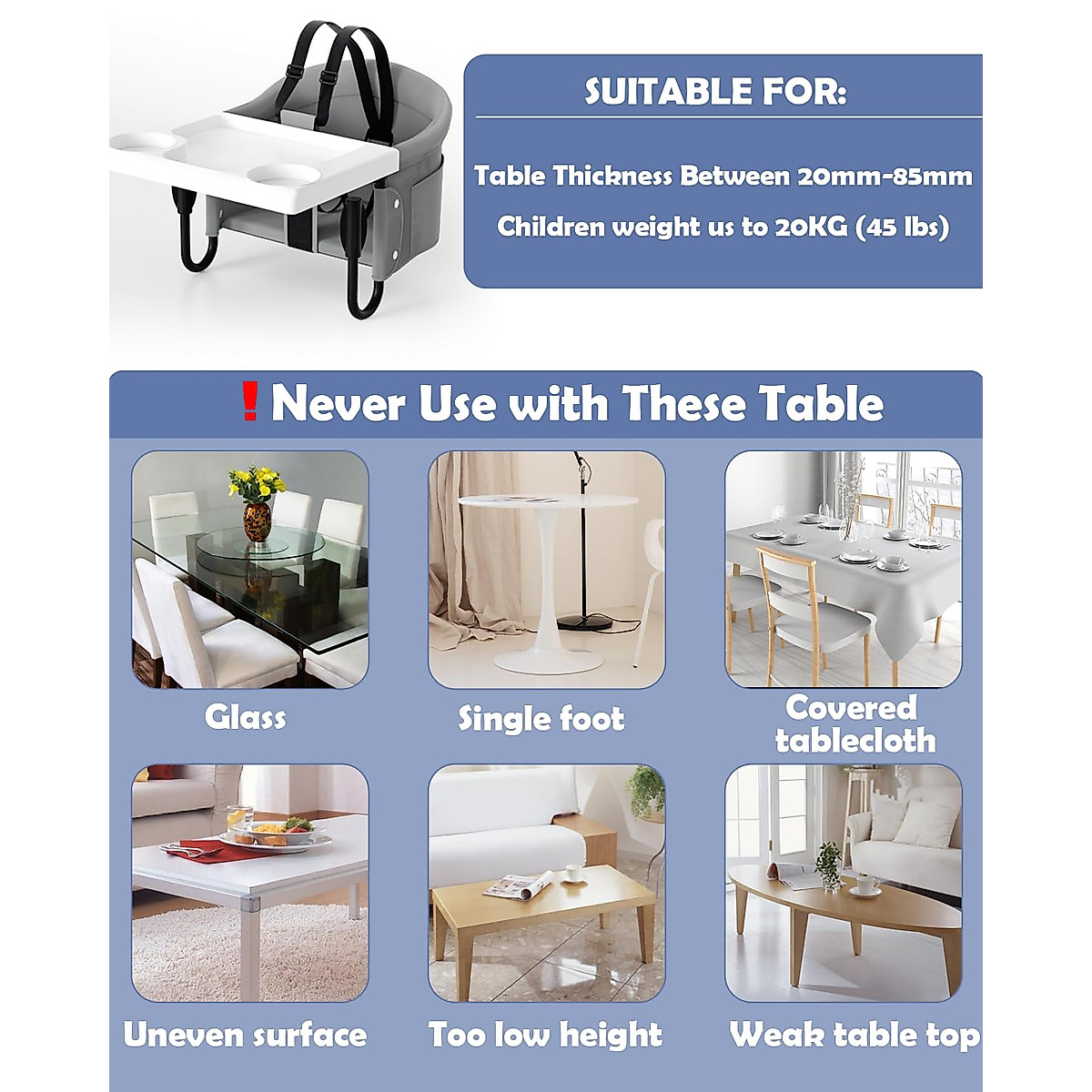 ATHRADIES Hook on High Chair for Baby with Removable Dining Tray,Clip on High Chairs for Babies and Toddlers, High Chair That Attaches to Table, Portable Travel High Chair with Carrying Bag,Grey