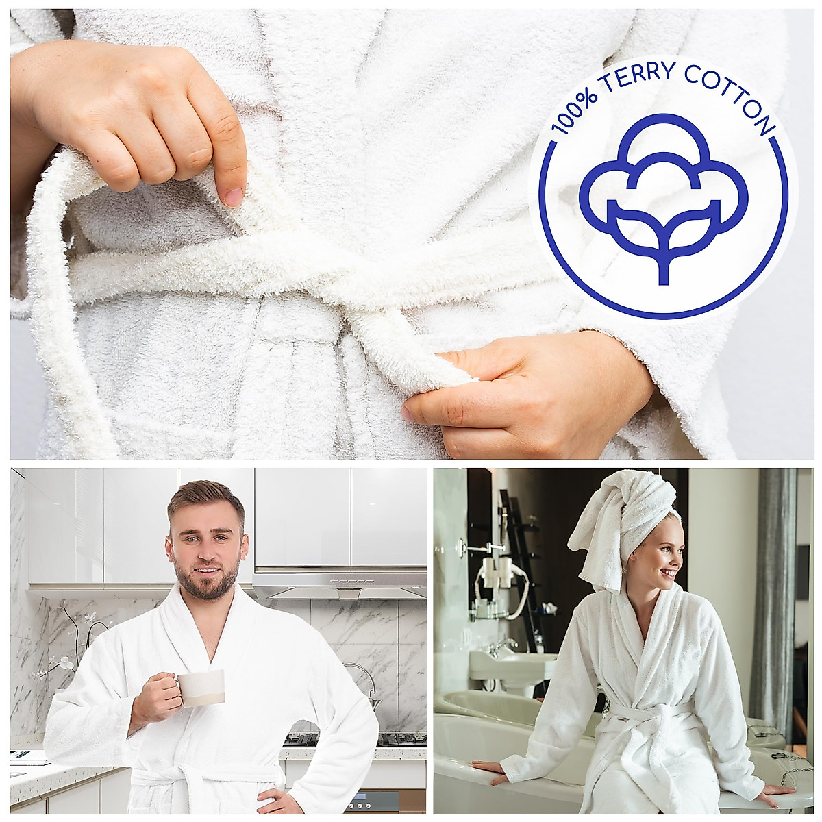 Unisex 100% Cotton Terry Cloth Bathrobe with Kimono Collar – Soft, Lightweight and Absorbent Towel Material – Ideal Robe for Men & Women at Home, Spa, Hotel, Sauna, Pool, Post Bath & Shower - White