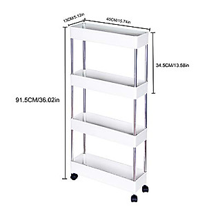 YooFZler 4 Tier Slim Storage Cart Mobile Tower Rack Rolling Shelving Unit Storage with Casters Wheels&4 Side Hoops for Kitchen Bathroom Laundry Room, White