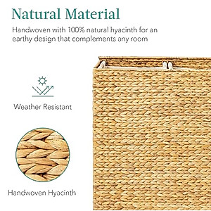 Best Choice Products Large Double Laundry Hamper with Lid, Natural Handwoven Water Hyacinth, 2 Sections w/ 2 Machine Washable Linen Liner Bags, Portable, Handles - Natural