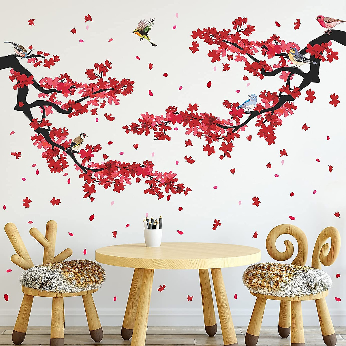 Romantic Red Flowers Wall Decals 3D Plum Floral Tree Branches Wall Stickers DIY Removable Peach Cherry Blossom Birds Wall Decor for Kids Girls Bedroom Living Room Nursery Office Decoration DT-4978