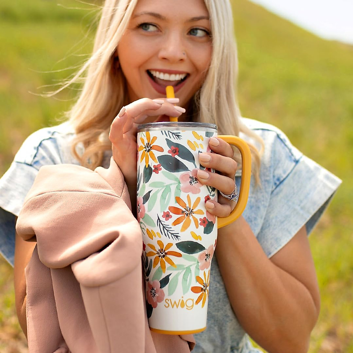 Swig Life 40oz Mega Mug, 40 oz Tumbler with Handle and Straw, Cup Holder Friendly, Dishwasher Safe, Extra Large Insulated Tumbler, Stainless Steel (Honey Meadow)