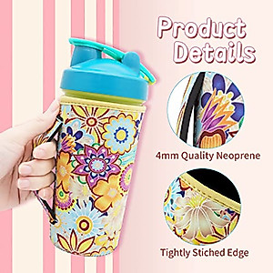 2Pack Reusable Neoprene Insulator Water bottle holder Sleeves with Handle Compatible with 28 oz Blender Bottle, YETI Rambler 20 oz, Stanley 20oz Tumbler and more(Blue Floral + Pink Cheetah)