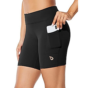 BALEAF Women's 7" Long Compression Running Shorts High Waisted Yoga Biker Shorts with 3 Pockets Black XL