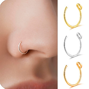 Set of 3 - Fake Clip On Nose Ring Hoop for Women - No Piercing Needed - 22 Gauge - 7mm - Faux Nose Septum Ring - Gold, Sterling Silver, Rose Gold - 22g
